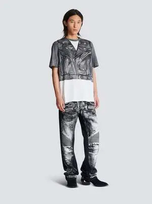 Balmain Black And White Crewneck T-shirt With Layered Design In Cotton - Multicolor