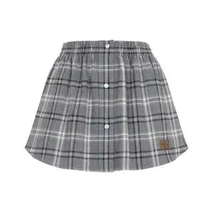 Miu Miu Checked Cotton Midi Skirt With Embroidered Logo