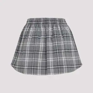 Miu Miu Checked Cotton Midi Skirt With Embroidered Logo - Gray