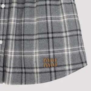 Miu Miu Checked Cotton Midi Skirt With Embroidered Logo - Gray