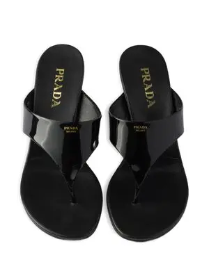 Prada Patent Leather Wedge Thong Sandals - Black