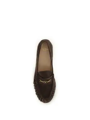 Valentino Garavani Suede Loafers With Gold Vlogo Signature Chain Detail - Brown
