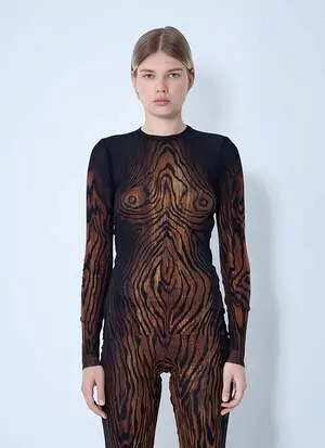 JEAN PAUL GAULTIER Jean Paul Gaultier Long Sleeve Wood Print Mesh Top Black
