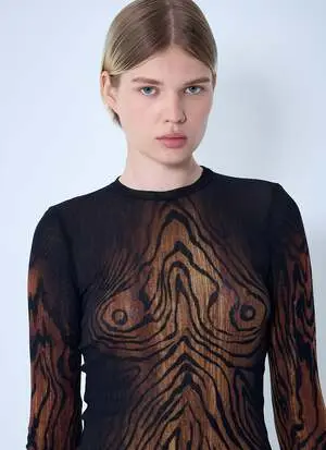 JEAN PAUL GAULTIER Long Sleeve Wood Print Mesh Top - Black