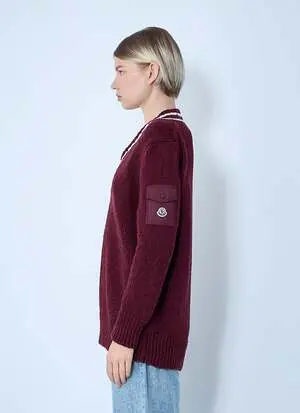 Moncler V-neck Wool Sweater With Ribbed Trims And Pocket Detail