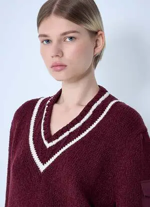 Moncler V-neck Wool Sweater With Ribbed Trims And Pocket Detail