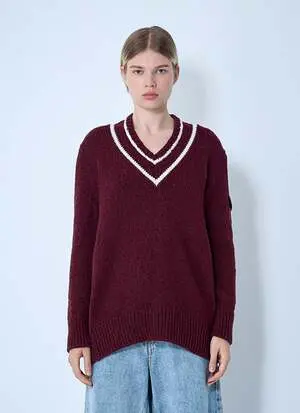 Moncler V-neck Wool Sweater With Ribbed Trims And Pocket Detail - Red
