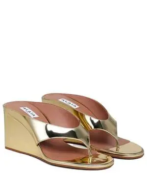 Alaïa Wedge Thong Mules In Mirror Fabric - Silver