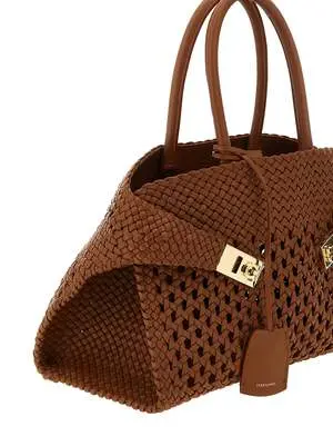 FERRAGAMO Woven Leather Handbag With Gancini Detail - Brown
