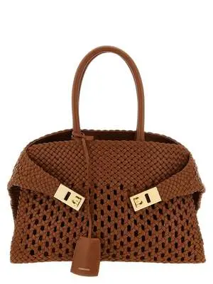 FERRAGAMO Woven Leather Handbag With Gancini Detail - Brown