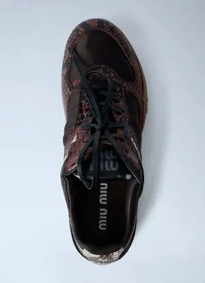 Miu Miu Technical Fabric And Python-print Leather Sneakers - Brown
