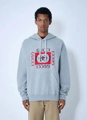 Gucci Logo Motif Cotton Fleece Hooded Sweatshirt - Gray