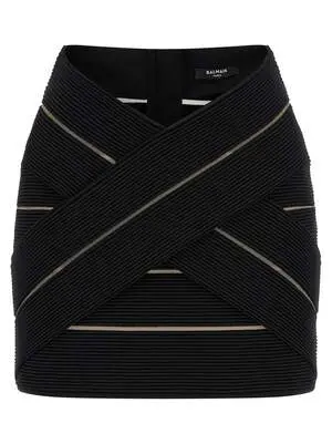Balmain V-waist Mini Skirt With Mesh Inserts - Black