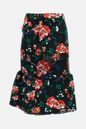 Sacai Black Floral Print Midi Skirt With Ruffle Detail - Multicolor