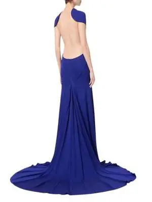 TOM FORD Backless Evening Dress With Cap Sleeves And Train - Blue