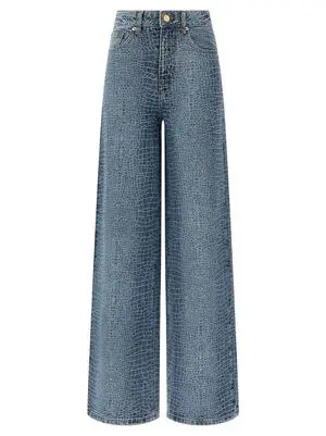 SELF-PORTRAIT Rhinestone Croc Effect Wide Leg Jeans - Blue