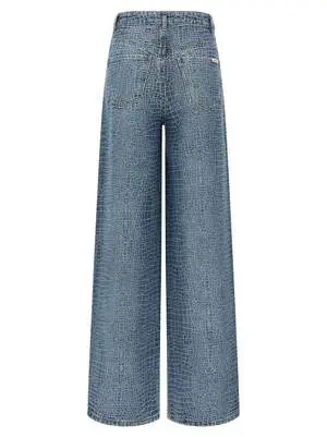 SELF-PORTRAIT Rhinestone Croc Effect Wide Leg Jeans - Blue