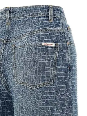 SELF-PORTRAIT Rhinestone Croc Effect Wide Leg Jeans