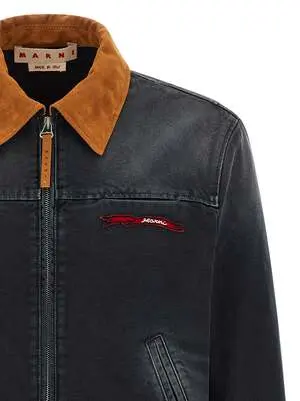 Marni Canvas Jacket With Suede Collar And Logo Detail