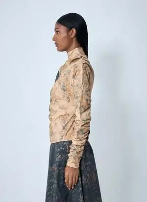 GANNI Ruched Highneck Long Sleeve Top - Cream