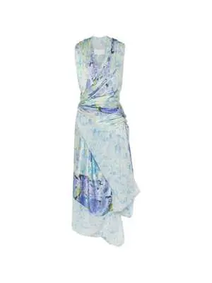 MAISON MARGIELA Sleeveless Floral Print Silk Midi Dress - Blue