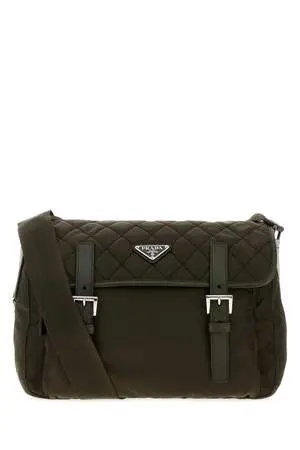 Prada Sand Canvas Shopping Bag With Golden Metal Finishing - Green