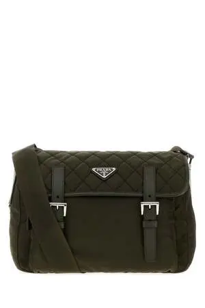Prada Sand Canvas Shopping Bag With Golden Metal Finishing - Green