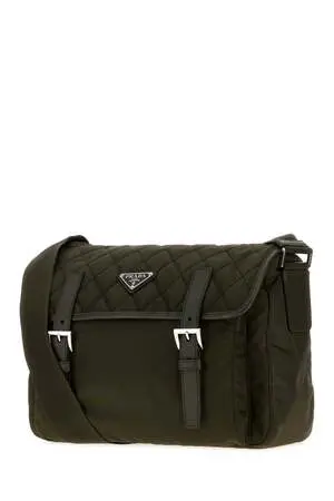 Prada Sand Canvas Shopping Bag With Golden Metal Finishing - Green