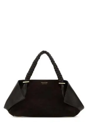 FERRAGAMO Dark Suede Handbag With Braided Handle - Brown