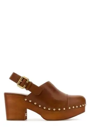Chloé Buckled Leather Clogs With Studded Detailing - Brown