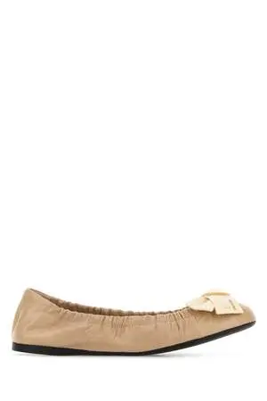Prada Beige Leather Ballerinas With Bow Detail - Brown