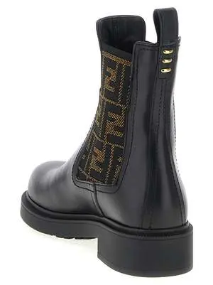Fendi Filo' Leather Ankle Boots With Ff Fabric Insert - Black