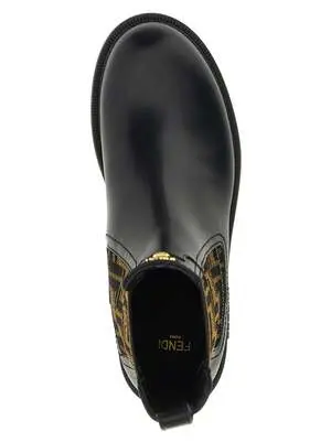 Fendi Filo' Leather Ankle Boots With Ff Fabric Insert - Black