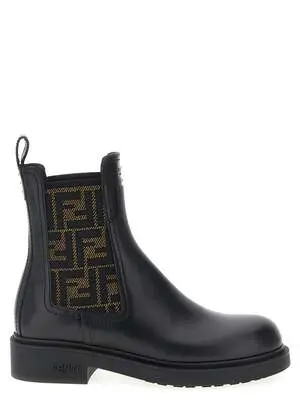 Fendi Filo' Leather Ankle Boots With Ff Fabric Insert - Black