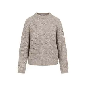 Brunello Cucinelli Long Sleeve Linen Sweater With Rhinestone Embellishments