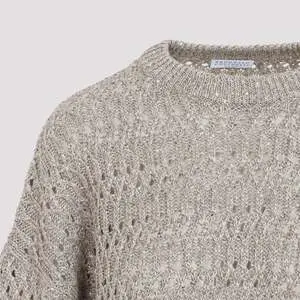 Brunello Cucinelli Long Sleeve Linen Sweater With Rhinestone Embellishments
