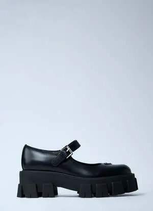 Prada Leather Platform Flats With Buckle And Logo Plaque