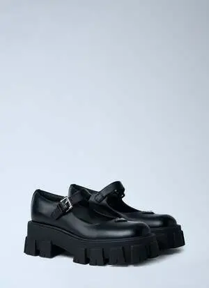 Prada Leather Platform Flats With Buckle And Logo Plaque