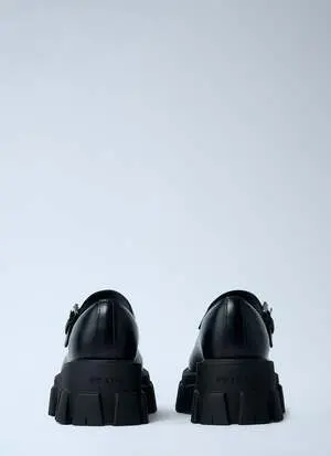 Prada Leather Platform Flats With Buckle And Logo Plaque