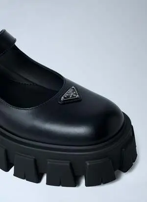 Prada Leather Platform Flats With Buckle And Logo Plaque