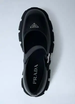 Prada Leather Platform Flats With Buckle And Logo Plaque