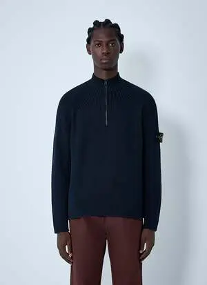 Stone Island Ribbed Knit Half-zip Sweater With Compass Patch - Blue