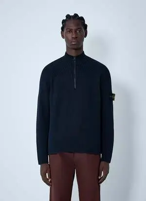 Stone Island Ribbed Knit Half-zip Sweater With Compass Patch - Blue