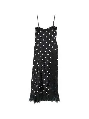 Sportmax Long Polka Dot Lace Trimmed Silk Dress - Black