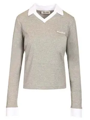 Miu Miu Cotton Jersey Collared Sweatshirt With Logo Detail