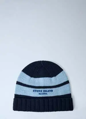 Stone Island Logo Motif Wool Knit Beanie - Blue