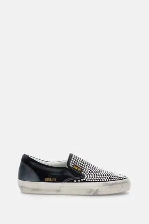 GOLDEN GOOSE Black Suede Crystal Embellished Slip-on Sneakers
