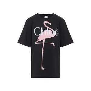 Chloé Cotton T-shirt With Flamingo Print - Black