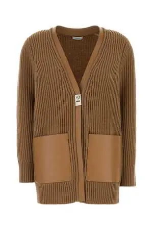 FERRAGAMO Camel Wool Cardigan With Leather Accents - Brown