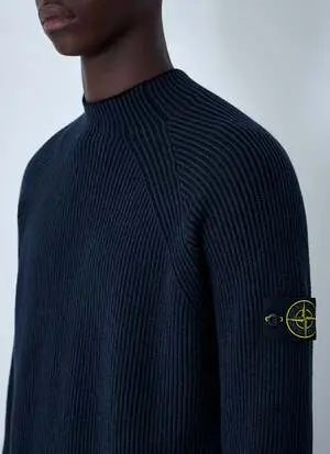 Stone Island Ribbed Logo Patch Crewneck Sweater - Blue